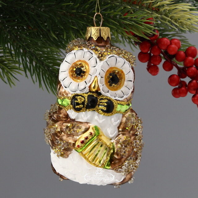 Стеклянная елочная игрушка Сова с гармошкой 12 см, подвеска купить в ...